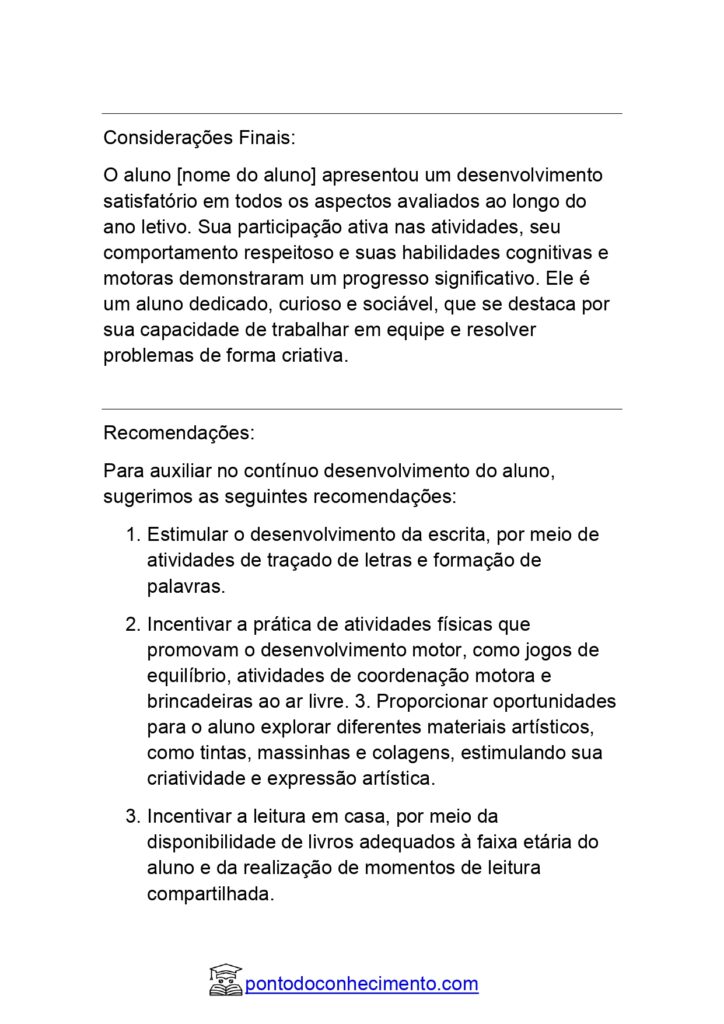 Relatório Individual do Aluno Educação Infantil: Relatório modelo ...