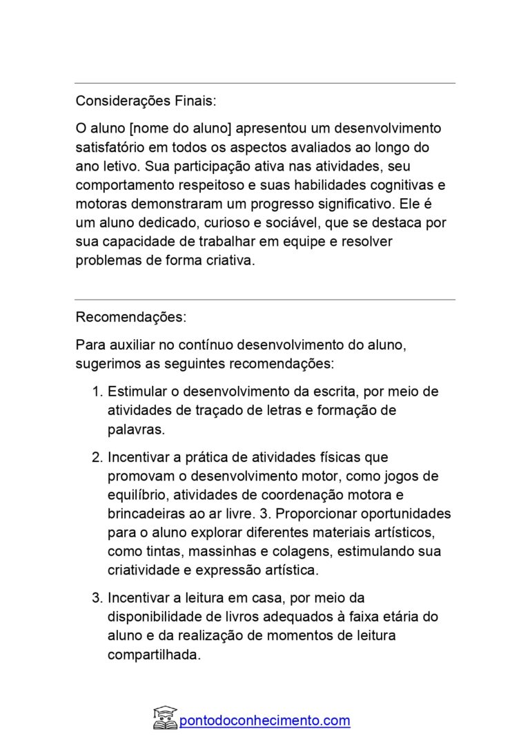 Relatório Individual do Aluno Educação Infantil: Relatório modelo ...