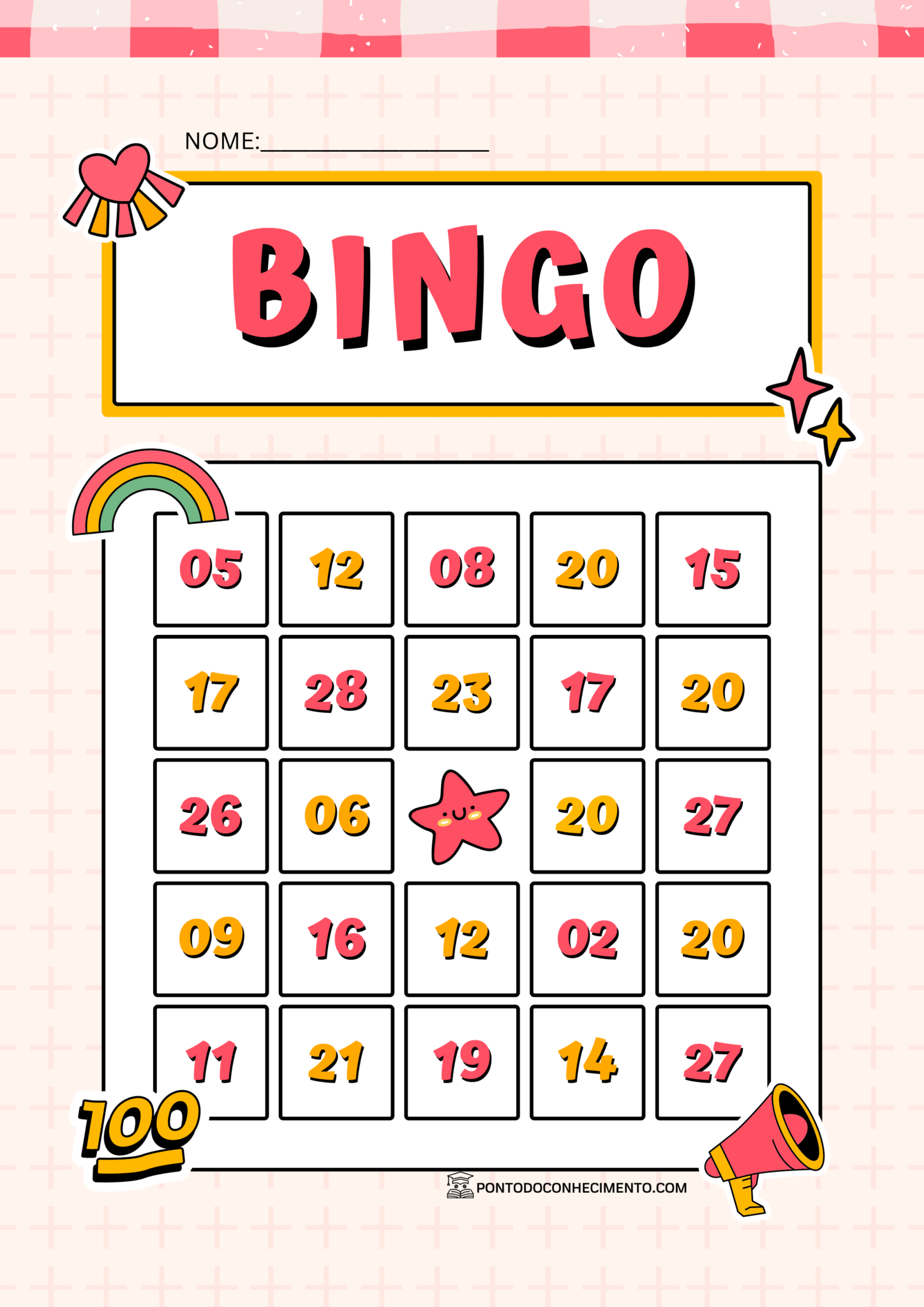 Modelos de Cartelas de bingo escolar para imprimir - Ponto do Conhecimento