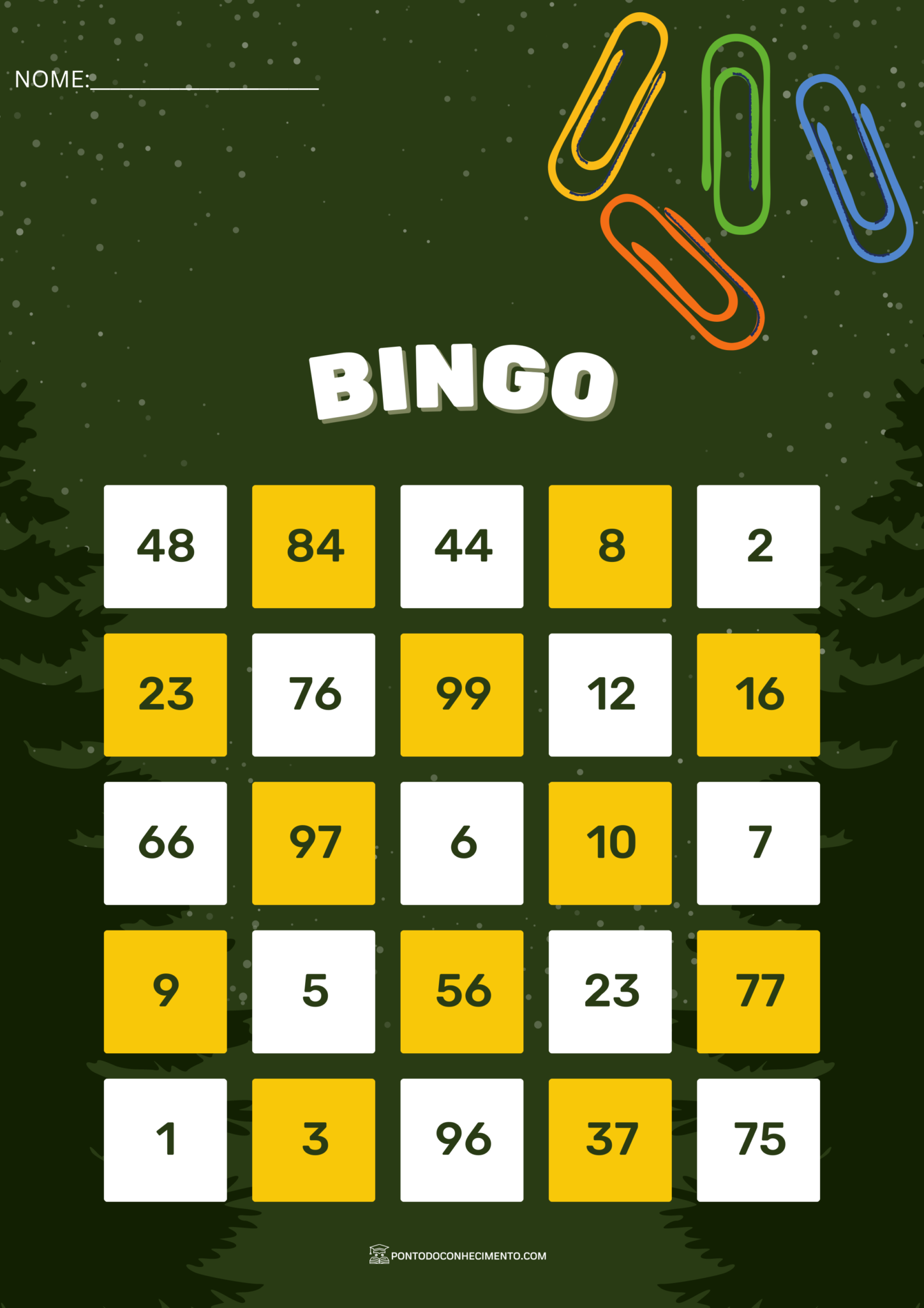 Modelos de Cartelas de bingo escolar para imprimir - Ponto do Conhecimento
