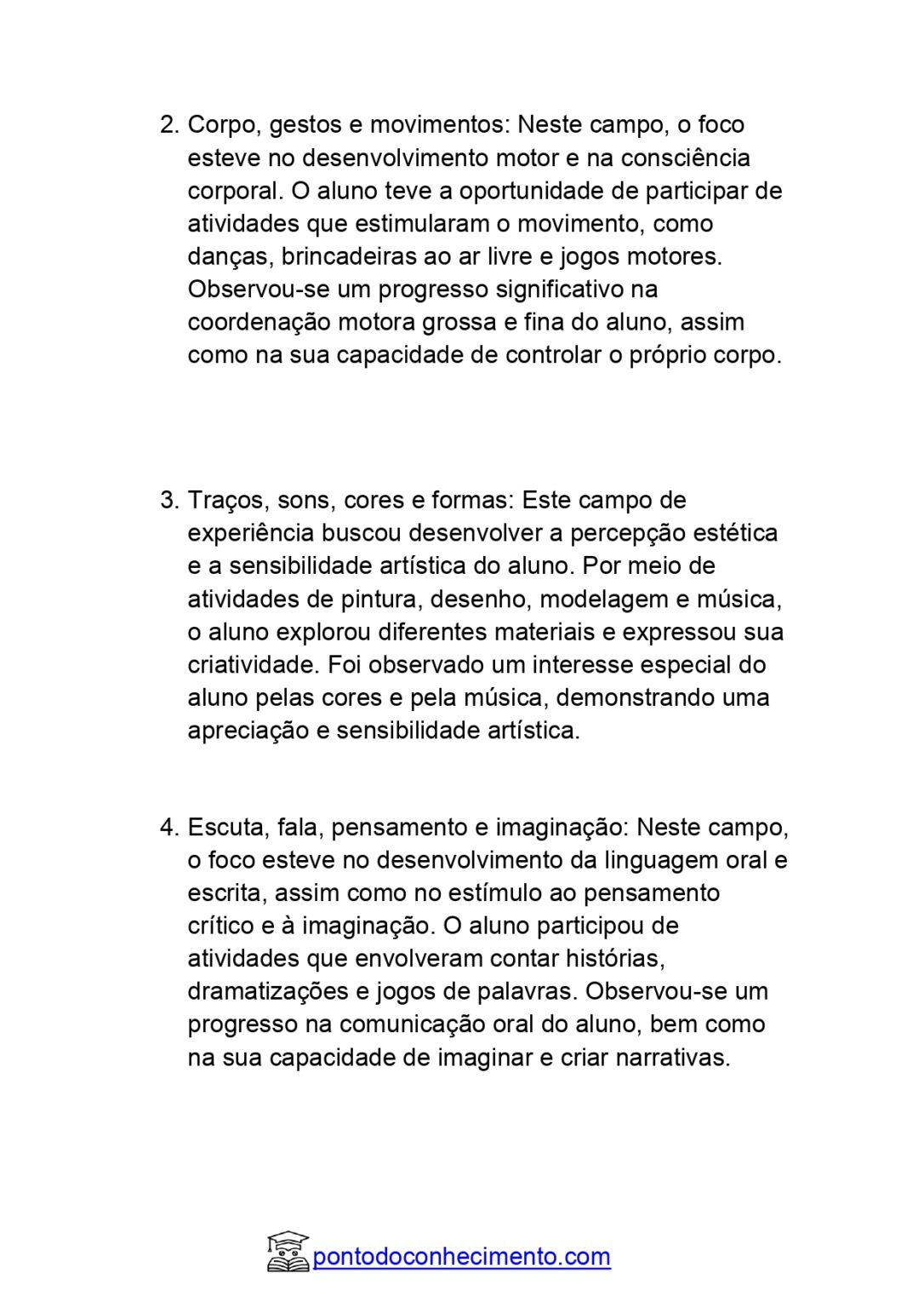 Relatório de Educação Infantil Campos de Experiência - Ponto do ...
