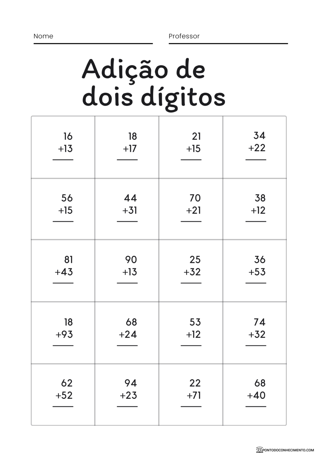 Atividades de somar de 2 dígitos pronto para imprimir - Ponto do ...