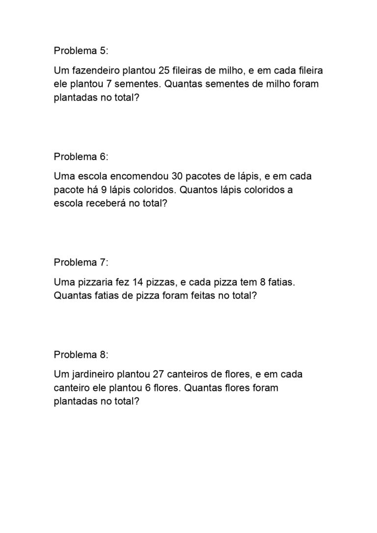20 Atividades de situações problemas de multiplicação de 2 dígitos ...