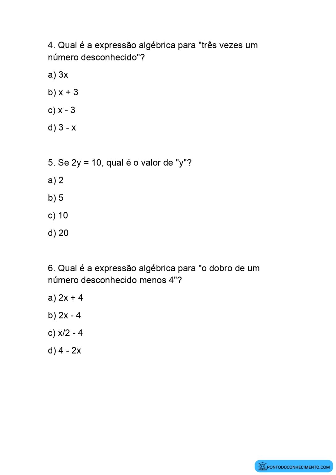 Exercícios de álgebra com gabarito - Ponto do Conhecimento