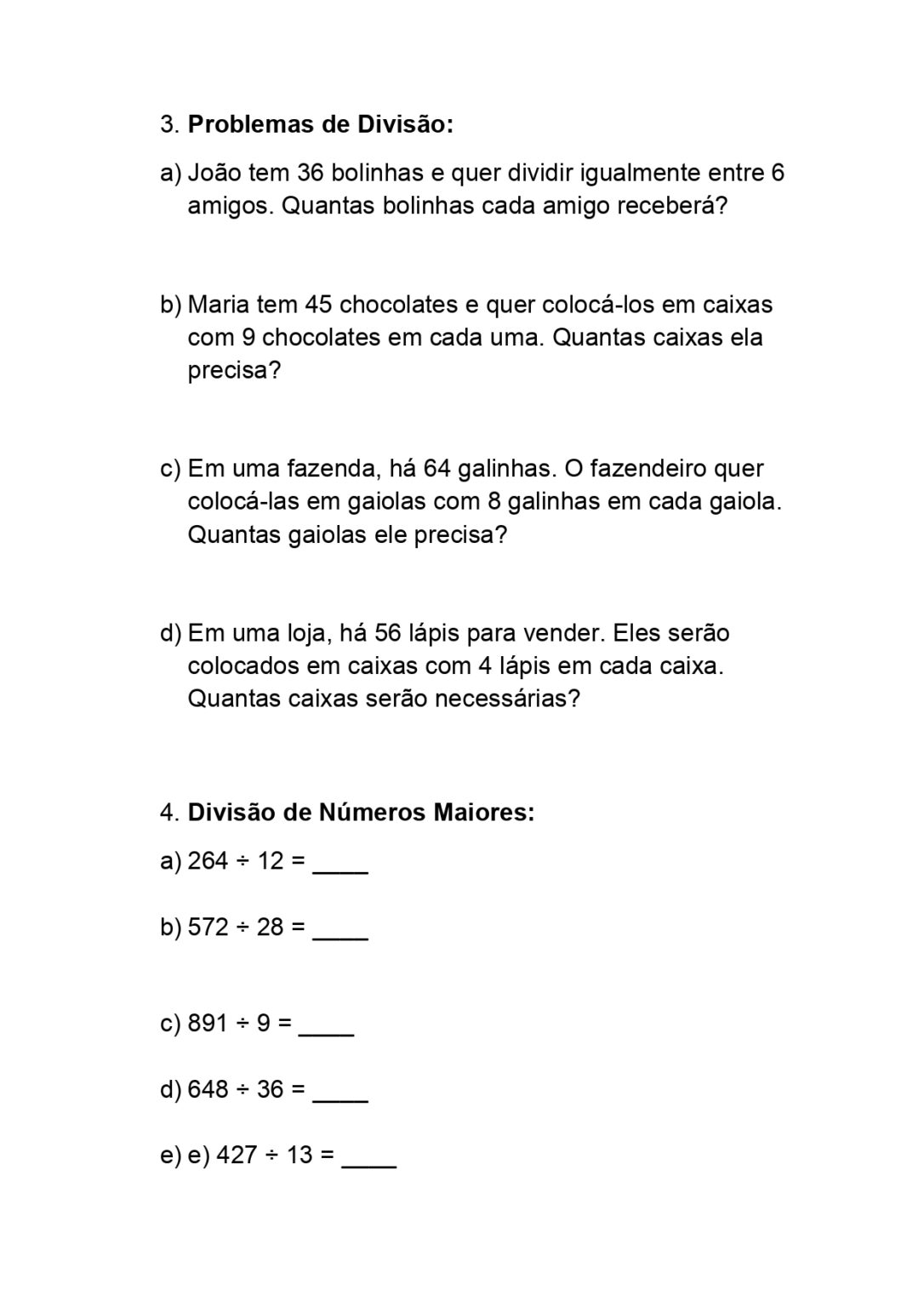 Atividades De Divisão Para O 4º Ano Do Ensino Fundamental Com Gabarito