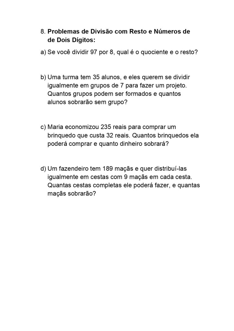 Atividades De Divisão Para O 4º Ano Do Ensino Fundamental Com Gabarito