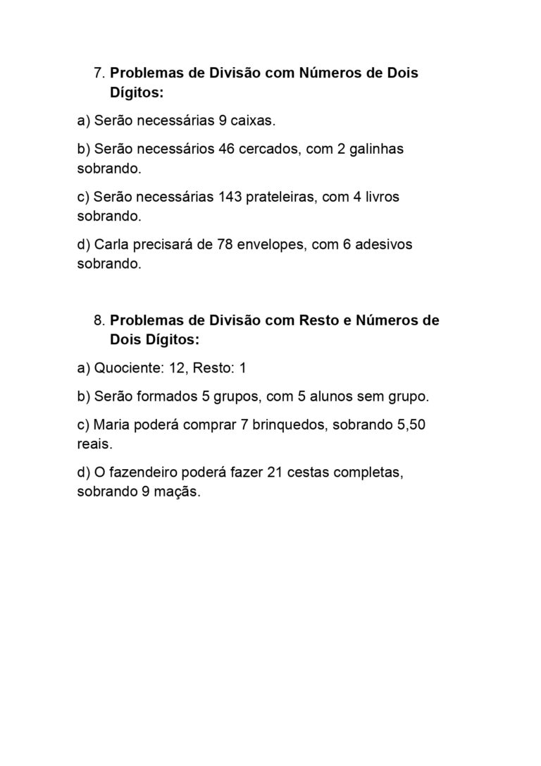 Atividades De Divisão Para O 4º Ano Do Ensino Fundamental Com Gabarito