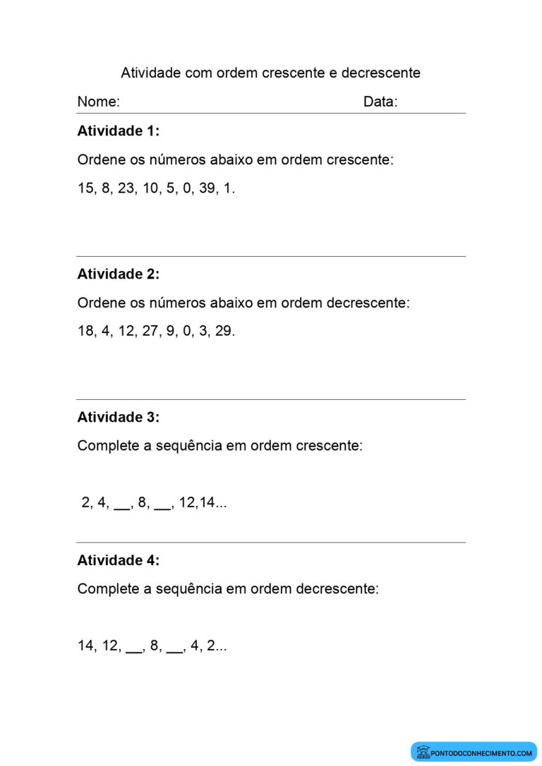 Atividade com ordem crescente e decrescente - Ponto do Conhecimento