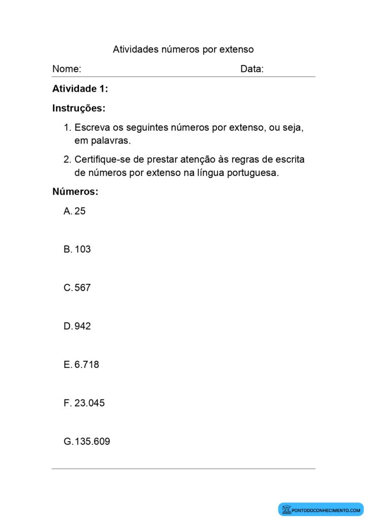 Atividades números por extenso - Ponto do Conhecimento