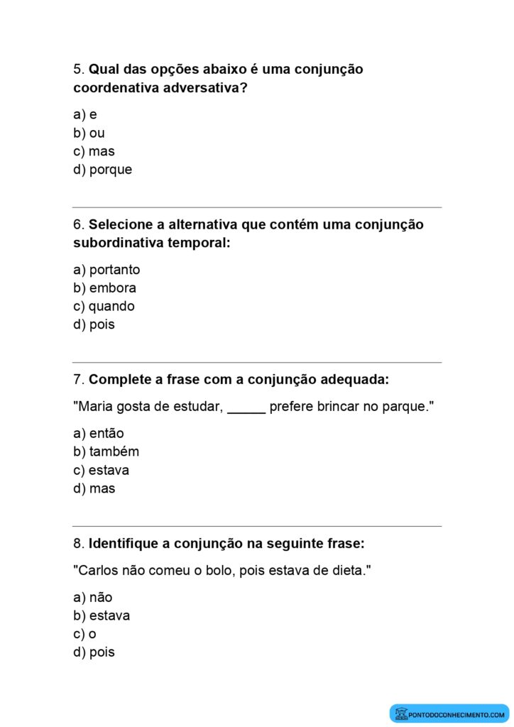 Atividades sobre conjunções - Ponto do Conhecimento