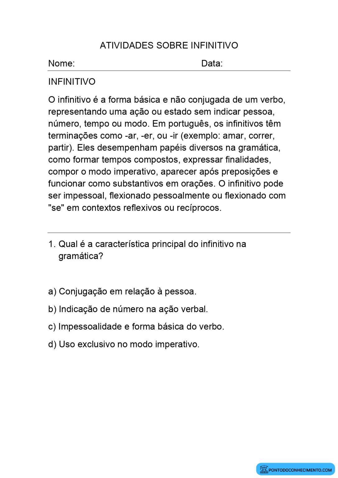 Atividades sobre infinitivo - Ponto do Conhecimento