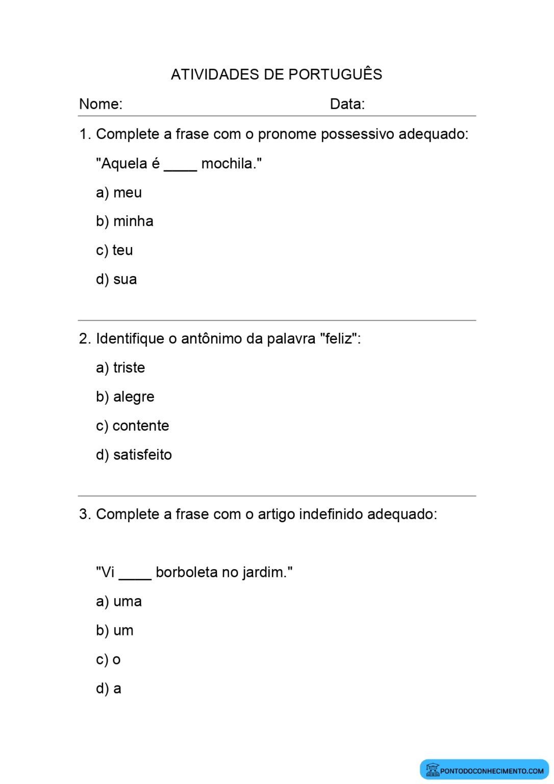 Avaliação de português de múltipla escolha para 3º ano do ensino ...