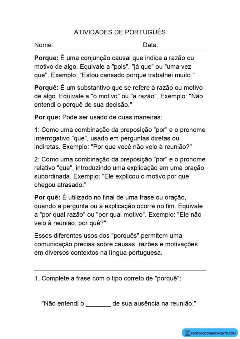 Atividades com o uso dos porquês - Ponto do Conhecimento
