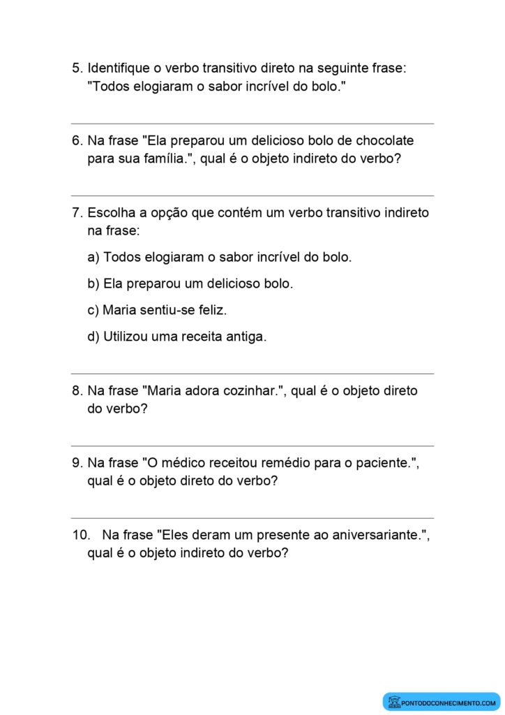 Atividades com verbo transitivo - Ponto do Conhecimento Atividades com verbo transitivo - Ponto do Conhecimento