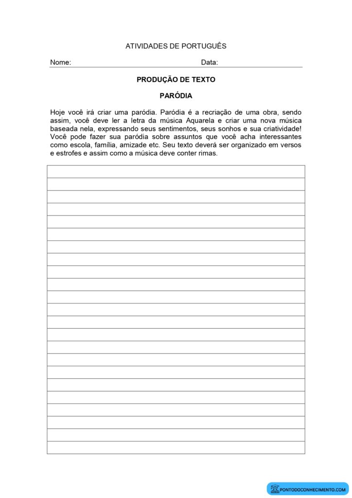 Atividades de produção de texto paródia musical - Ponto do Conhecimento