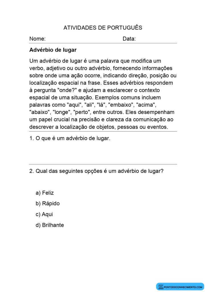 Atividades sobre Advérbio de lugar - Ponto do Conhecimento