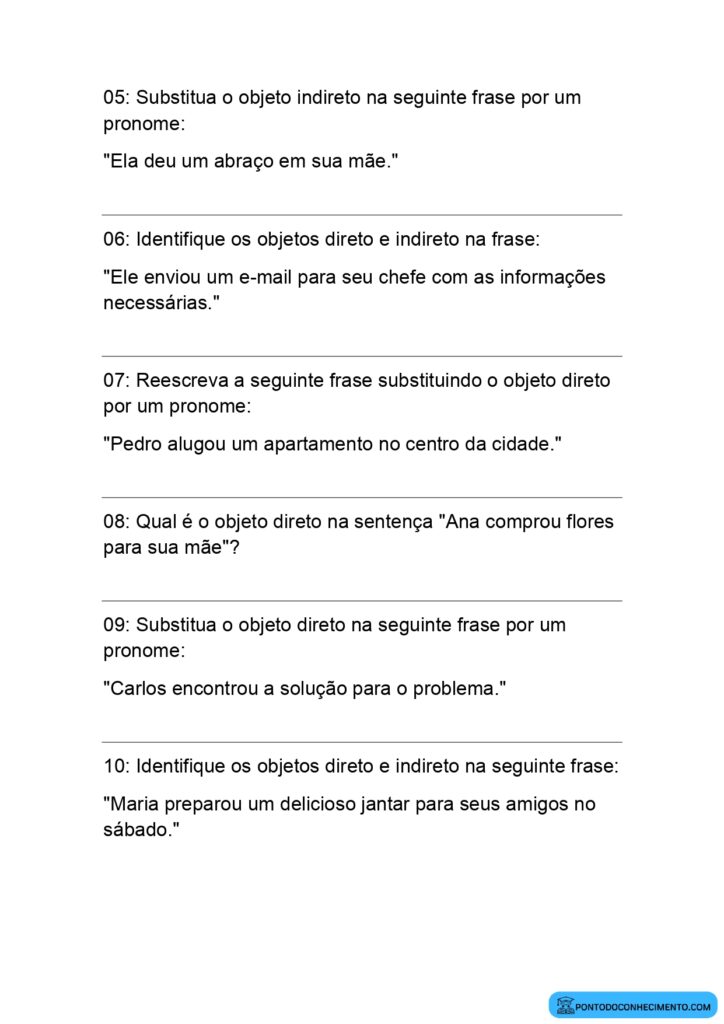 Atividades sobre Objeto direto e indireto - Ponto do Conhecimento