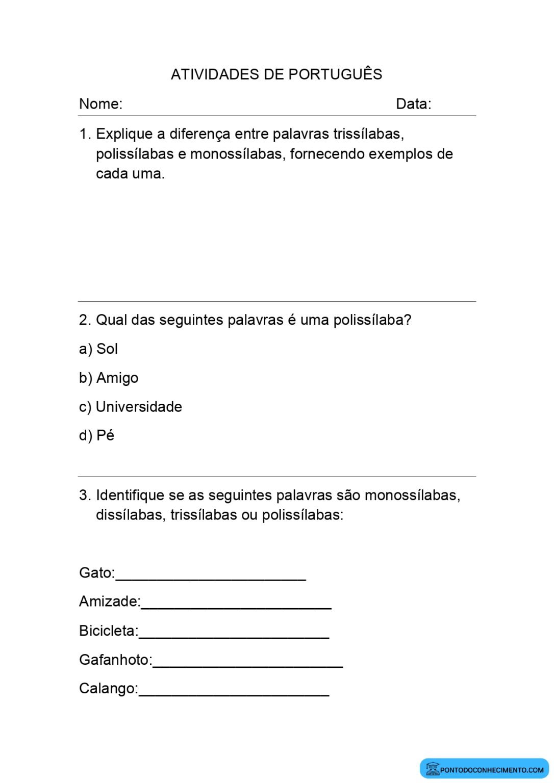 Atividades com Palavras monossílabas dissílabas trissílabas e ...