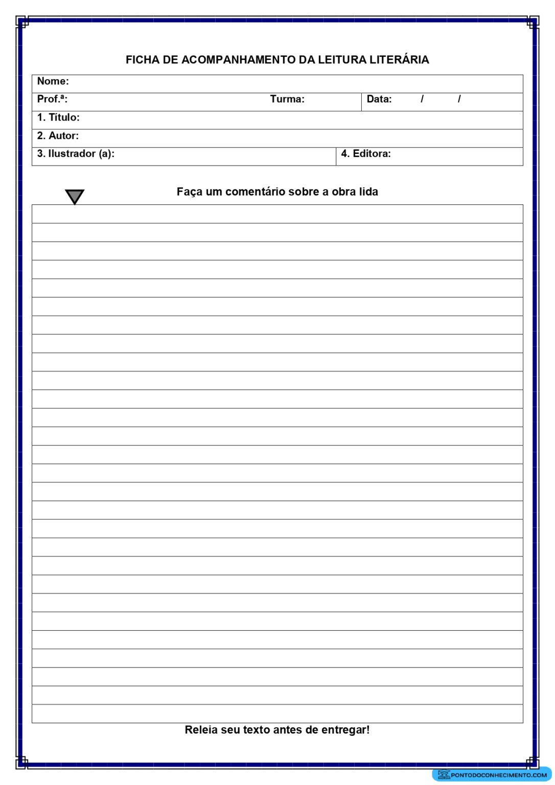 Modelo de ficha de acompanhamento da leitura literária - Ponto do ...