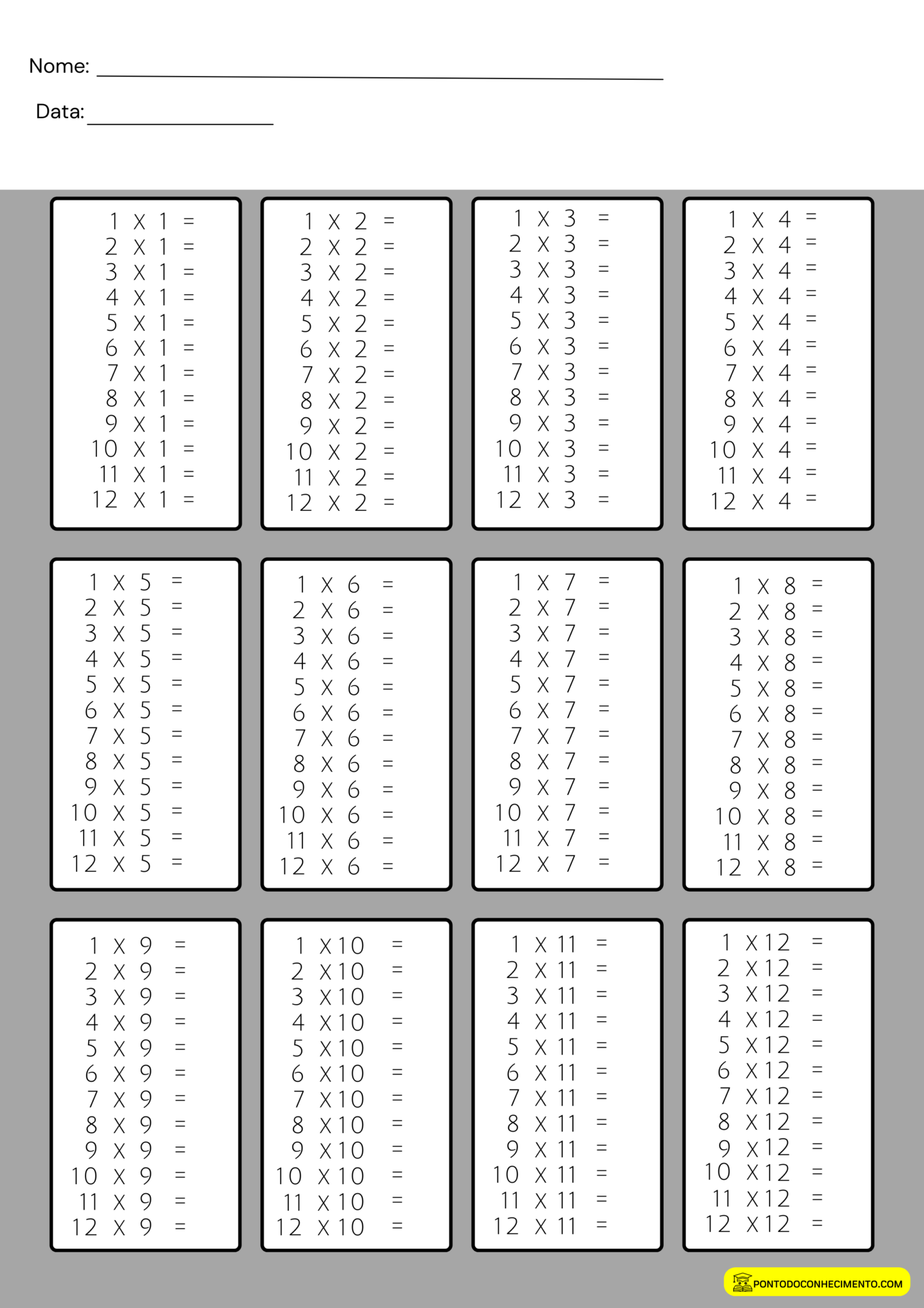 Tabuada de multiplicação para completar - Ponto do Conhecimento