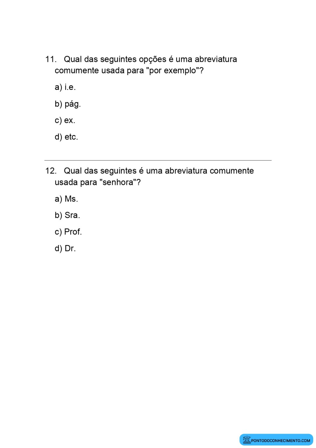 Atividades sobre abreviaturas - Ponto do Conhecimento