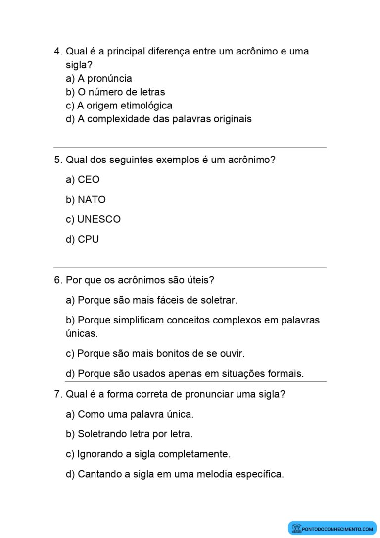 Atividades sobre acrônimo e sigla - Ponto do Conhecimento
