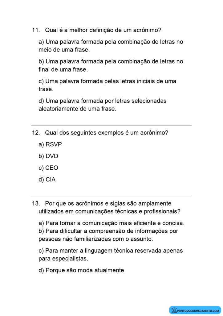 Atividades sobre acrônimo e sigla - Ponto do Conhecimento
