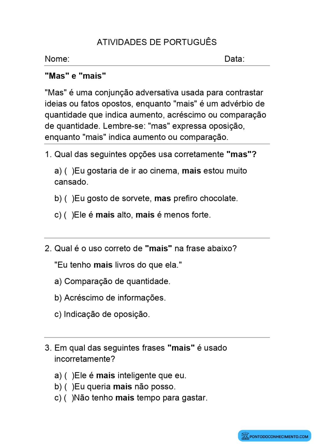 Atividades sobre o uso de mas e mais - Ponto do Conhecimento