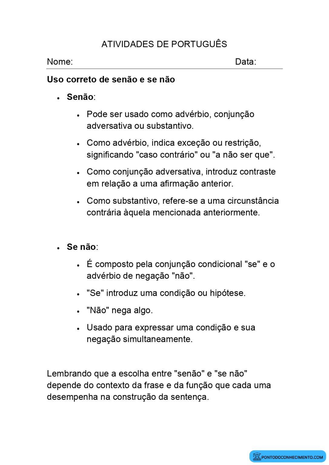 Atividades sobre o uso de senão e se não - Ponto do Conhecimento