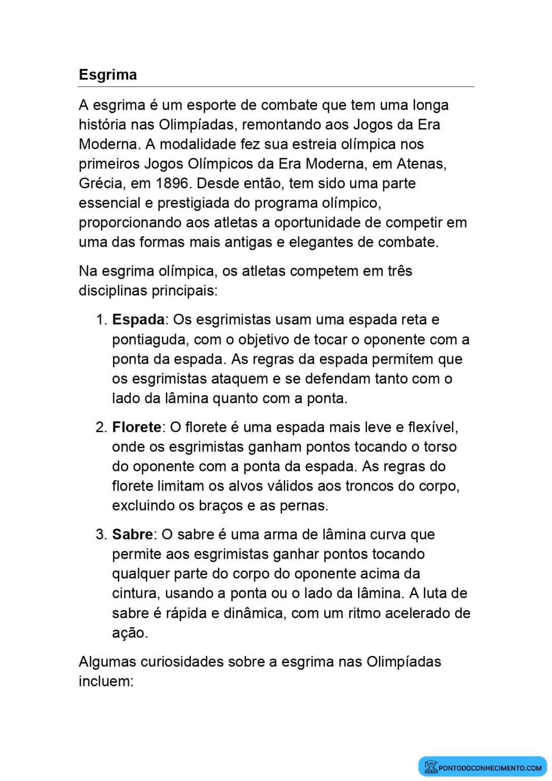 Todos os esportes olímpicos - Ponto do Conhecimento