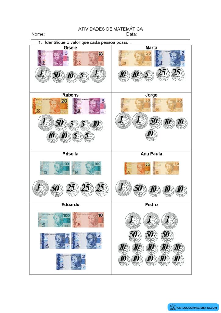 Atividades de matemática com sistema monetário com notas e moedas - Ponto do Conhecimento
