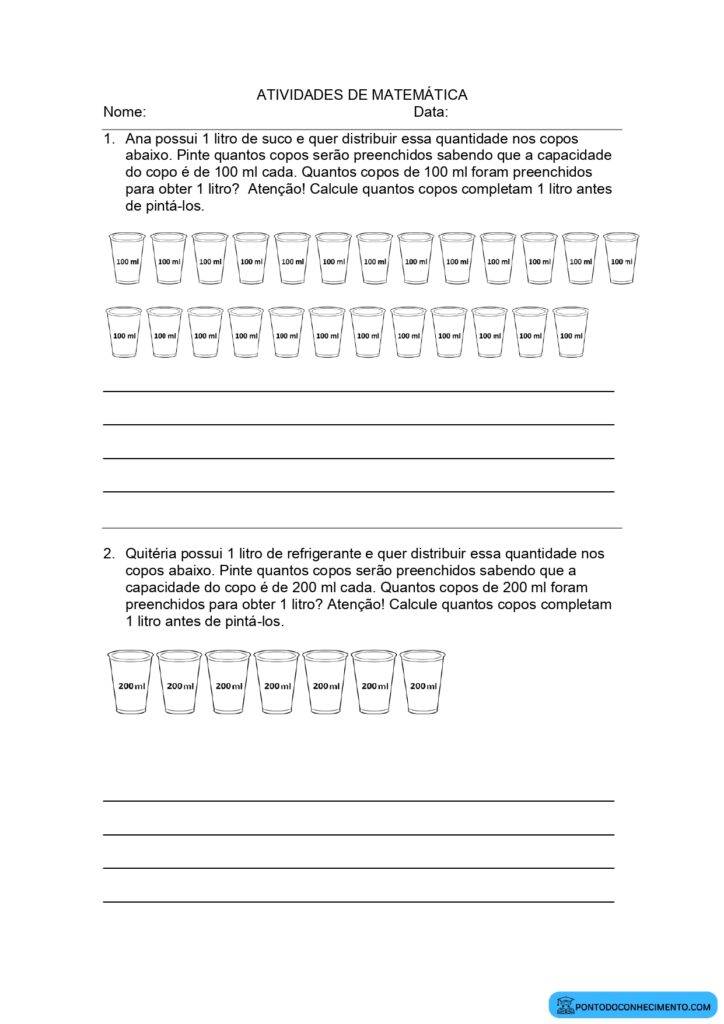 Atividades de matemática sobre medida de capacidade litro e mililitro ...
