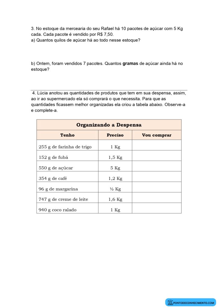 Atividades de matemática com introdução a medidas de massa com tabela ...