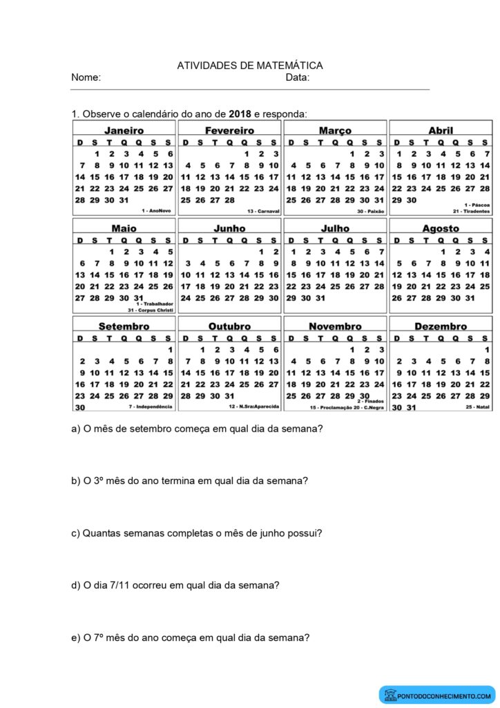 Atividades de matemática com medida de tempo calendário dia do mês e da ...