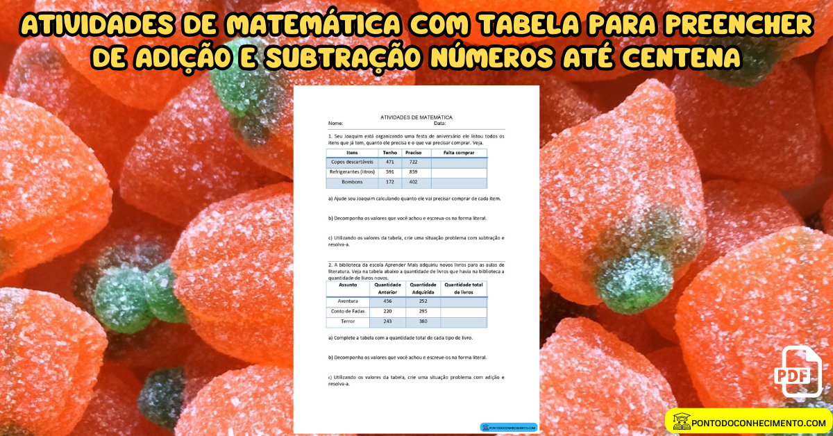 Atividades de matemática com tabela para preencher de adição e ...